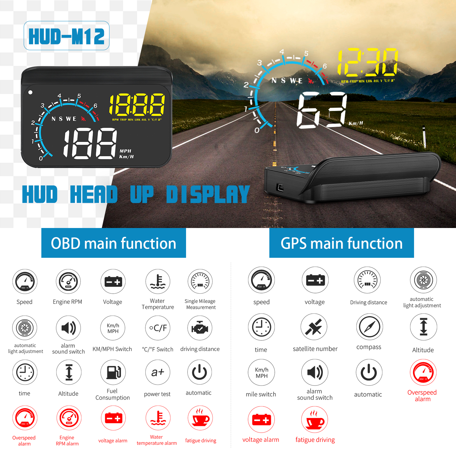 M12 Car OBD2+GPS HUD Heads Up Display